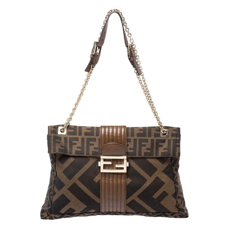 Fendi Tobacco Zucca Canvas Maxi Baguette Flap Shoulder Bag For Sale at 1stDibs