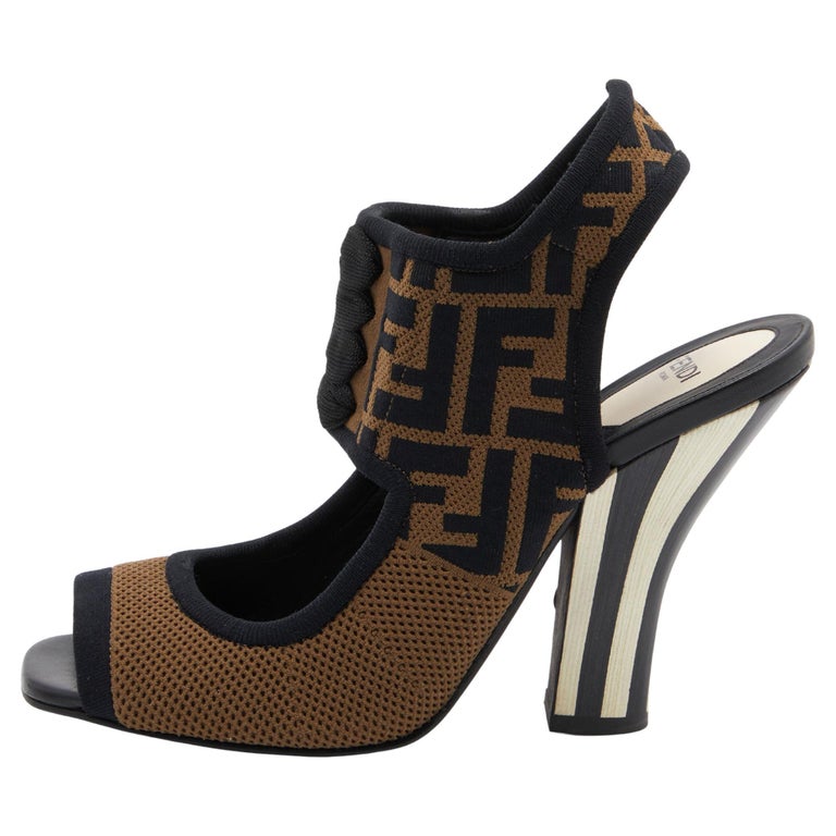 Fendi Tobacco Zucca Knit Fabric Peep Toe Slingback Sandals Size 39.5 ...