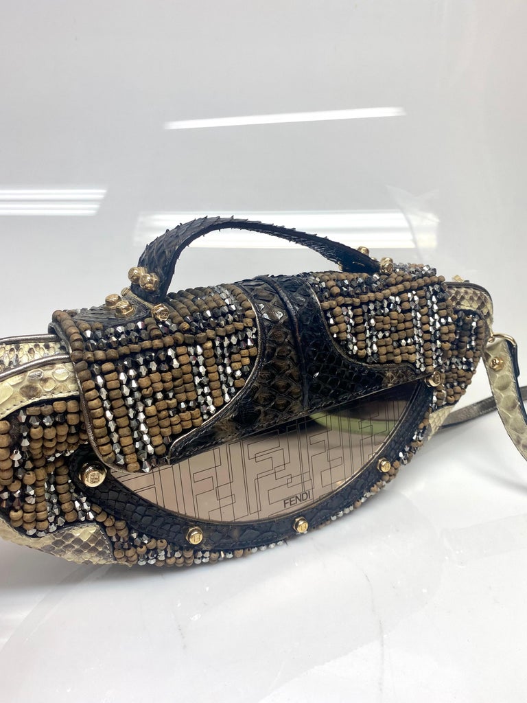 Fendi Vanity Etched Mirror Crystal and Wood Beaded Python Clutch ...