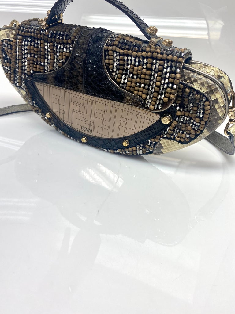 Fendi Vanity Etched Mirror Crystal and Wood Beaded Python Clutch ...