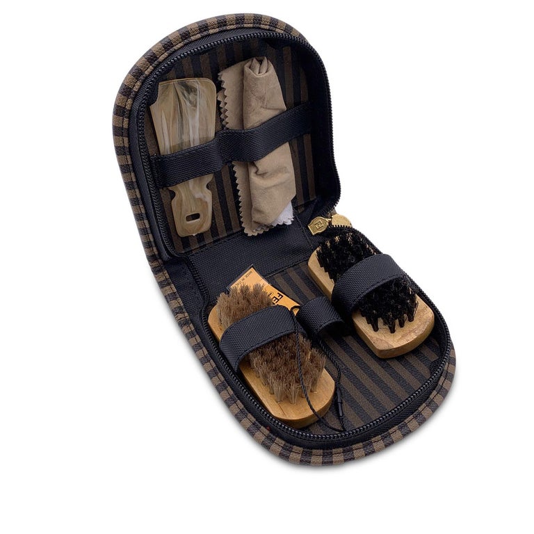 Fendi Vintage Black Canvas Pequin Shoe Shine Set Kit Zippered Pouch For ...