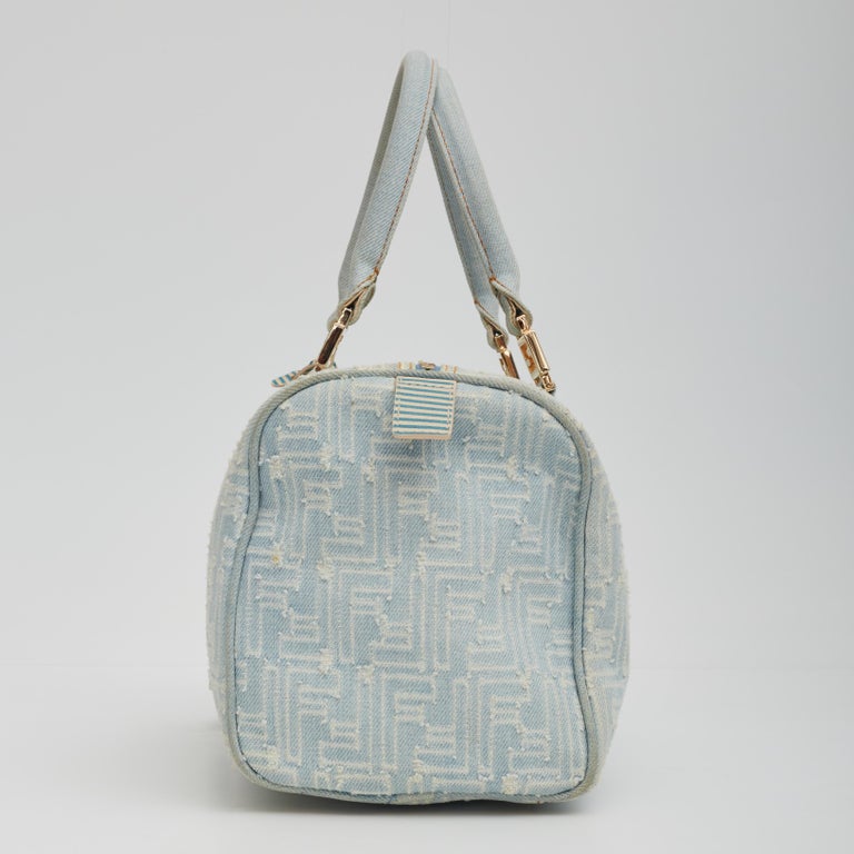 Fendi Vintage Blue Denim Zucca Bauletto Boston 25 Handbag For Sale at ...