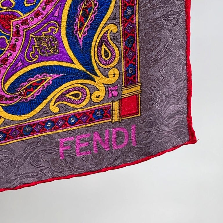 Fendi Vintage Blue Jacquard Silk Scarf Paisley Pattern For Sale at 1stDibs