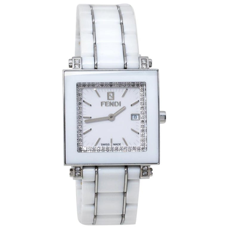 Fendi White Ceramic Stainless Steel Diamond Quadro 6200G Women''s ...