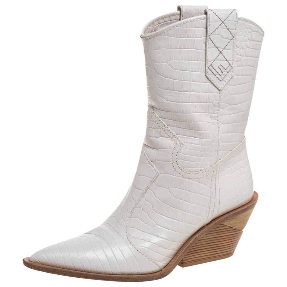 Fendi White Croc Embossed Leather Mid Calf Pointed Toe Boots Size 40 at ...
