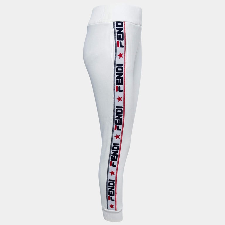 Fendi White Knit Logo Band Trim Track Pants M For Sale at 1stDibs