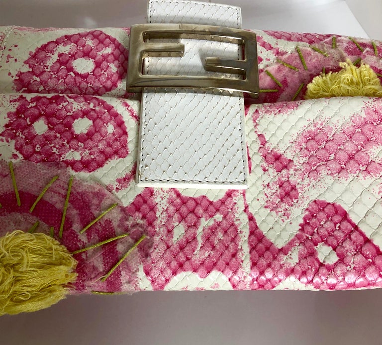 Fendi White Snake Skin w/ Pink and Yellow Accents Baguette Handbag For ...