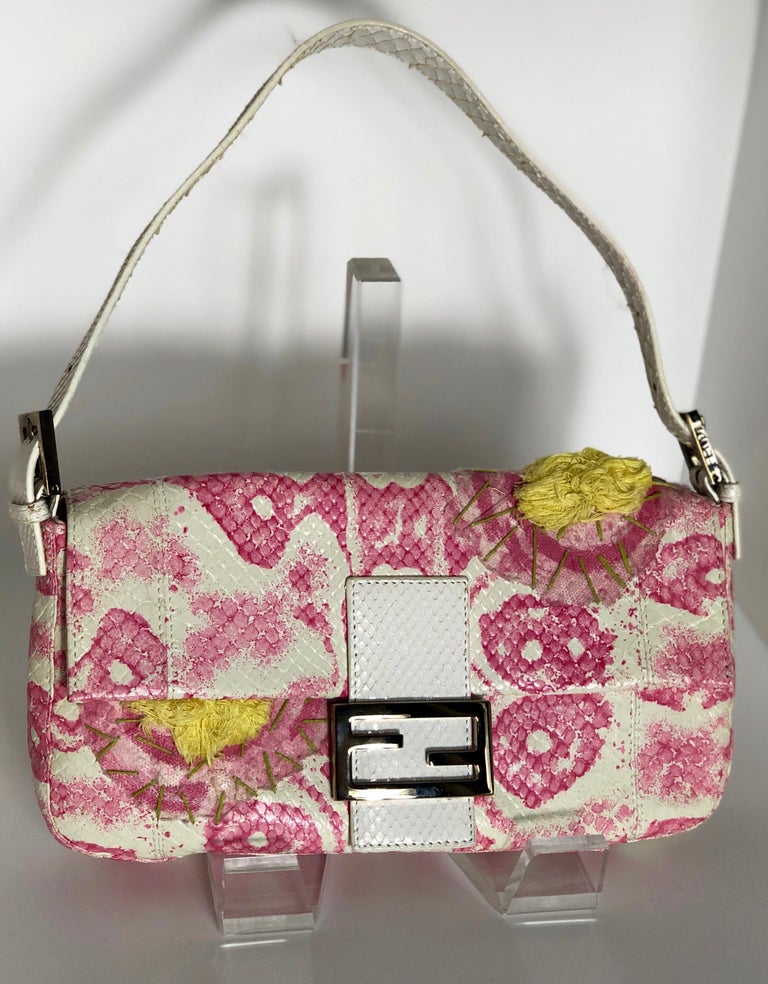 Fendi White Snake Skin w/ Pink and Yellow Accents Baguette Handbag For ...