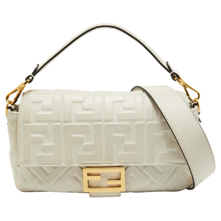 Fendi White Zucca Embossed Leather Medium Baguette Bag For Sale at 1stDibs