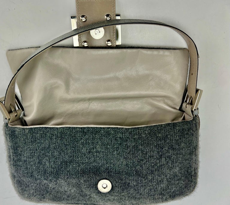 FENDI Wool Crystal Grey Baguette Small Shoulder Bag For Sale at 1stDibs