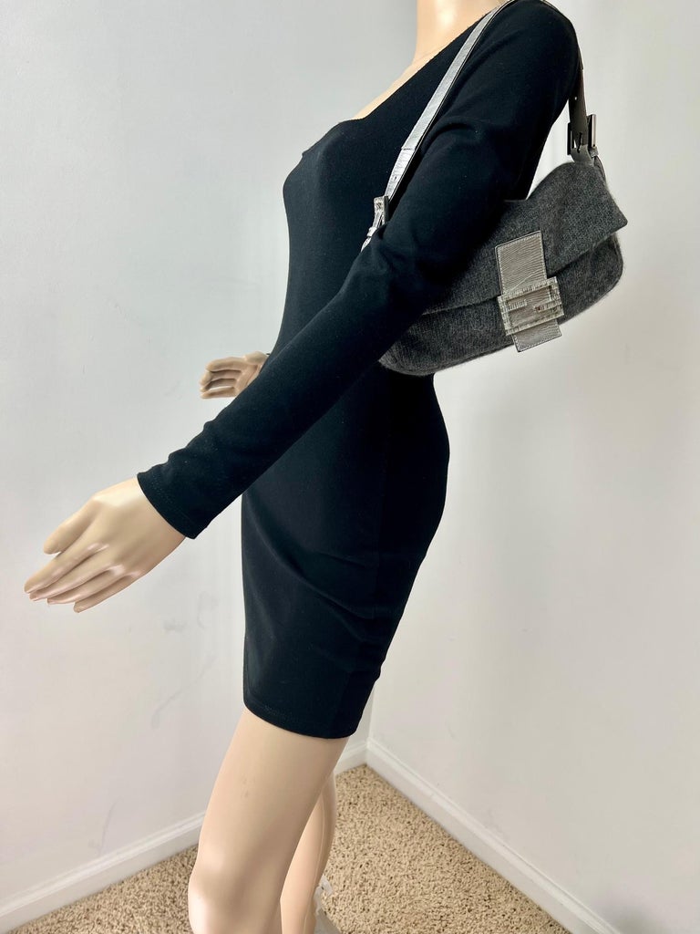 FENDI Wool Crystal Grey Baguette Small Shoulder Bag For Sale at 1stDibs