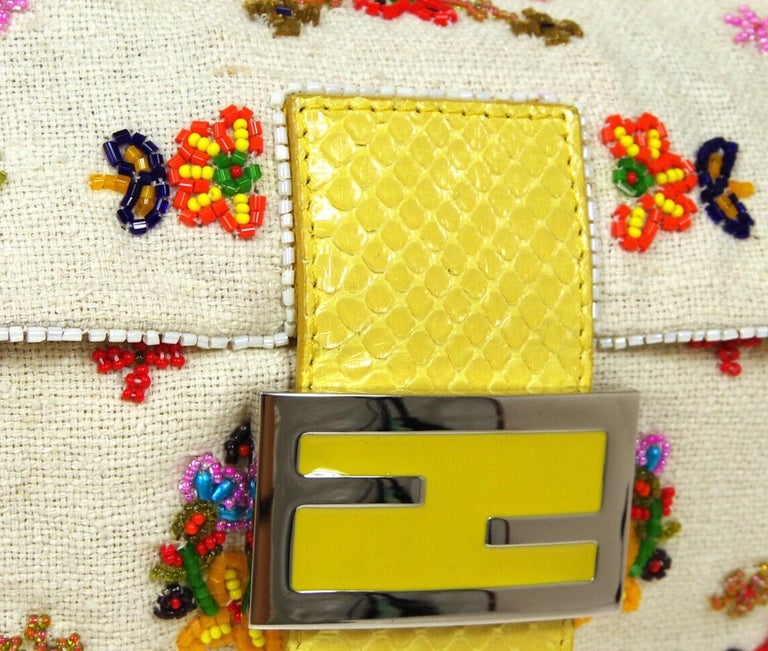 Fendi Yellow Python Multi Flower Bead Floral Baguette Evening Shoulder ...