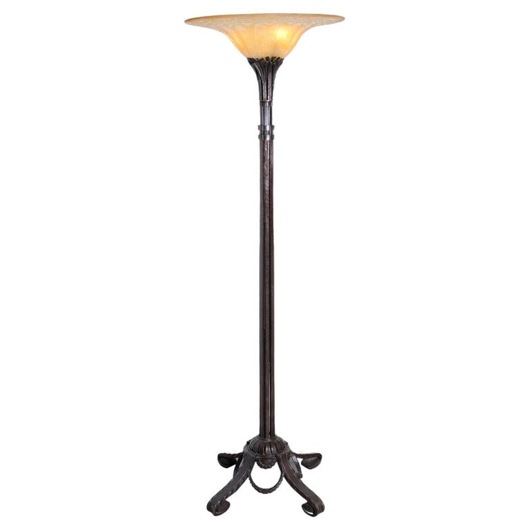 Fer Forge Torchieres by Raymond Sube with Daum Art Glass Shade For Sale ...