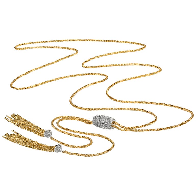 Fern Freeman Sliding Diamond Barrel Fringe Tassle Gold Lariat Necklace ...