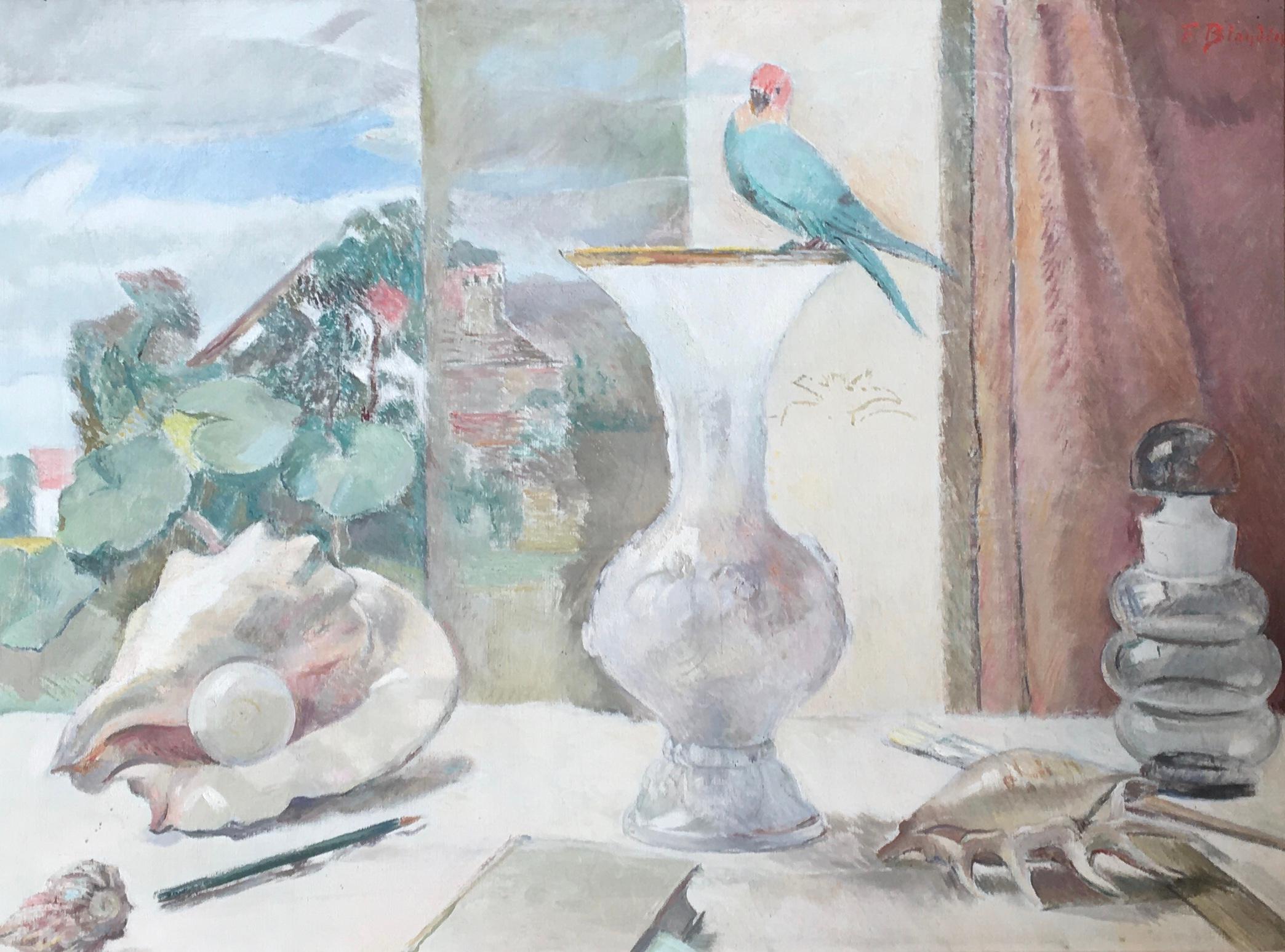 Fernand Blondin - Periquito en un interior con jarrón y conchas en ...