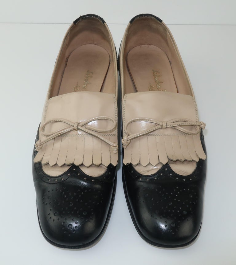 Ferragamo Two Tone Spectator Black Leather Kiltie Shoes, Sz 8 AA For ...