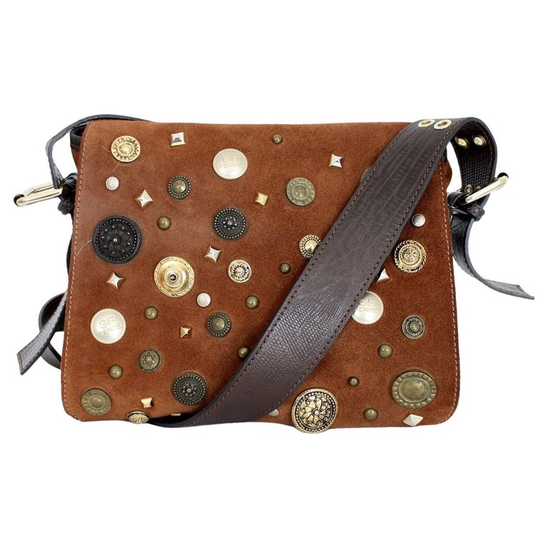 Ferrè Brown Suede Stud Vintage Shoulder Bag at 1stDibs