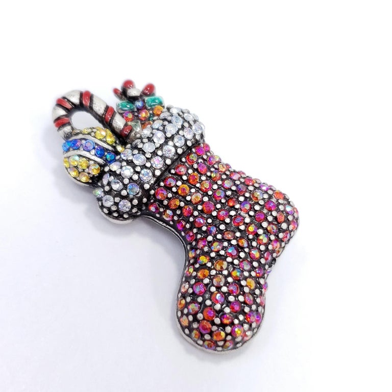 Festive Holiday Christmas Stocking and Candy Cane Pin Brooch, Pave ...