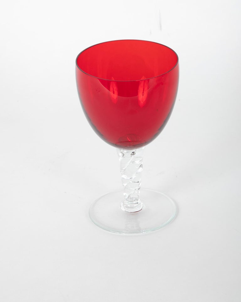 Festive Set of 12 Red Crystal with Clear Stem Goblets For Sale at 1stDibs