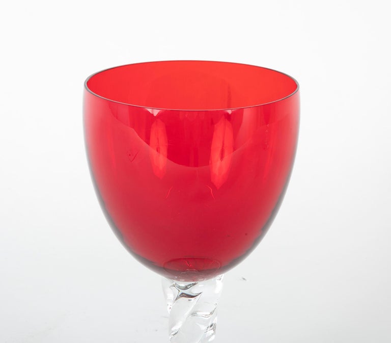Festive Set of 12 Red Crystal with Clear Stem Goblets For Sale at 1stDibs
