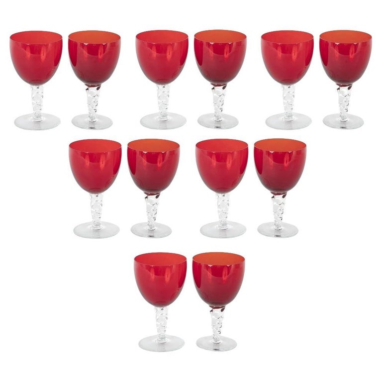Festive Set of 12 Red Crystal with Clear Stem Goblets For Sale at 1stDibs