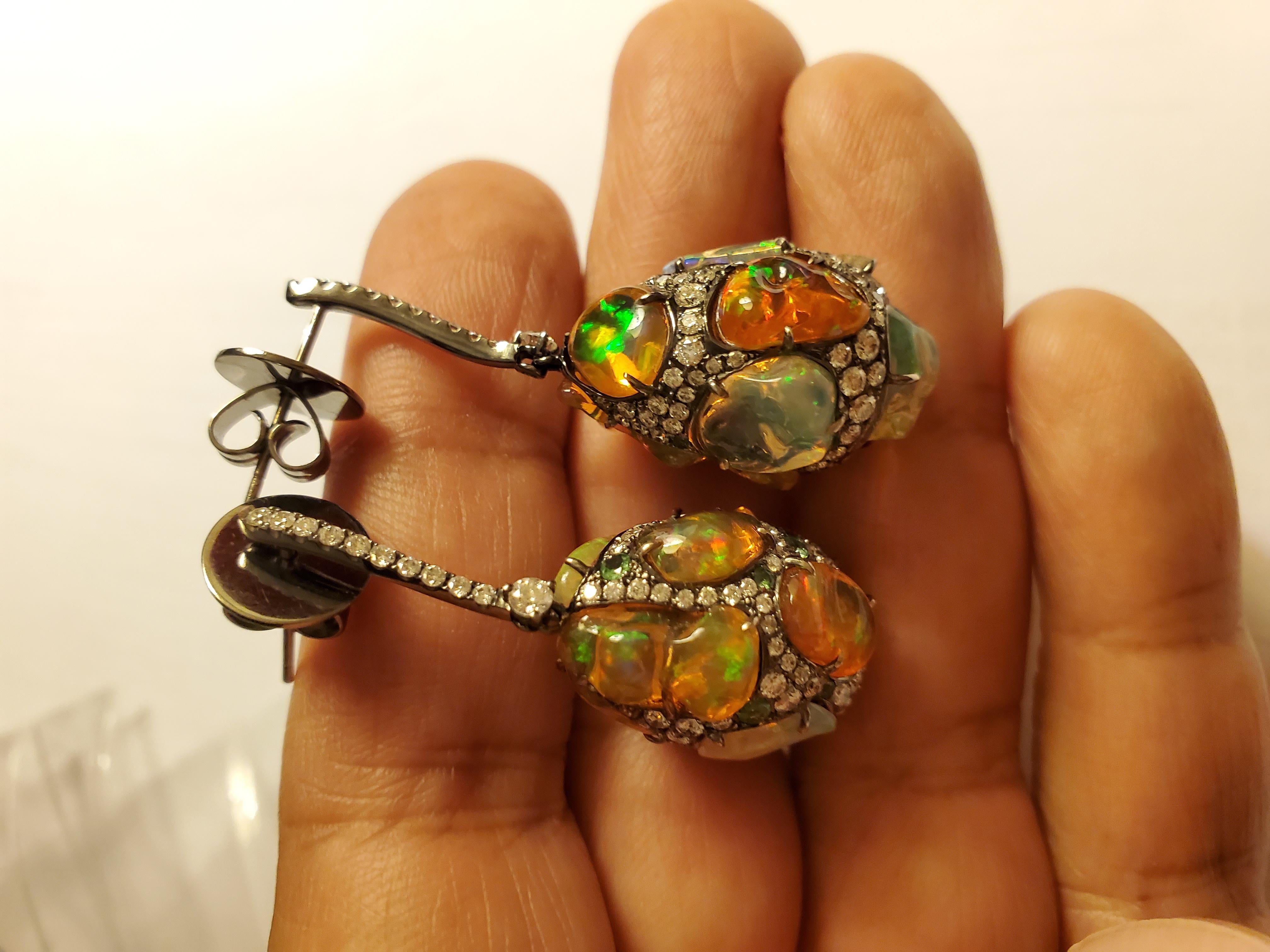 Fiery Opal, Tsavorite and Diamond Earrings For Sale at 1stDibs