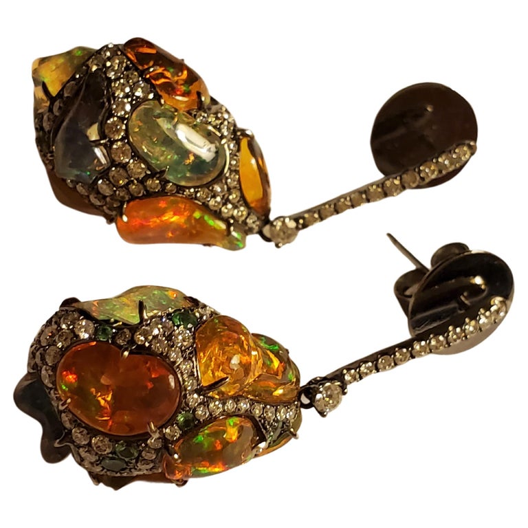 Fiery Opal, Tsavorite and Diamond Earrings For Sale at 1stDibs
