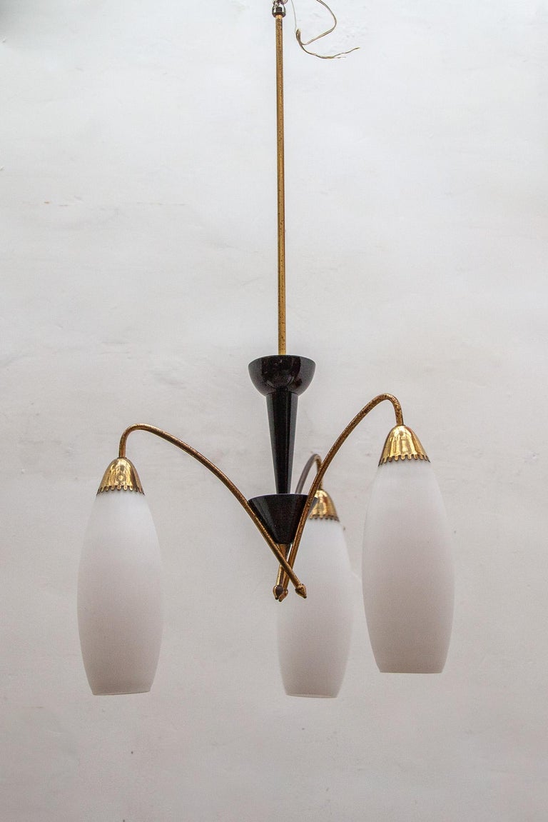 Fifties Design Three Opal Shade Chandelier For Sale at 1stDibs