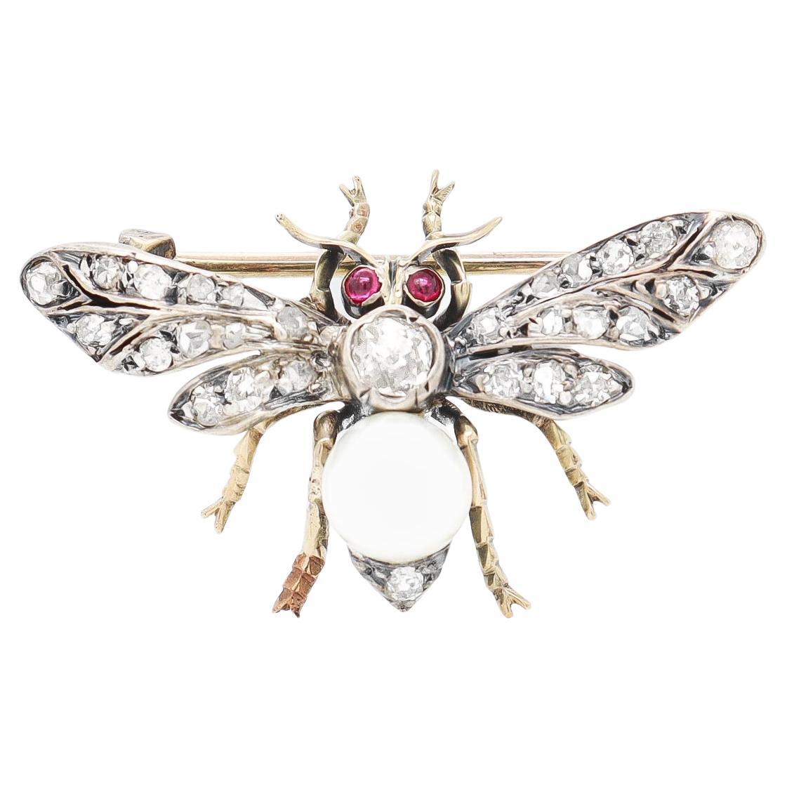 Figural 14K Gold, Silver, Ruby, Pearl, and Diamond Bee Brooch For Sale ...