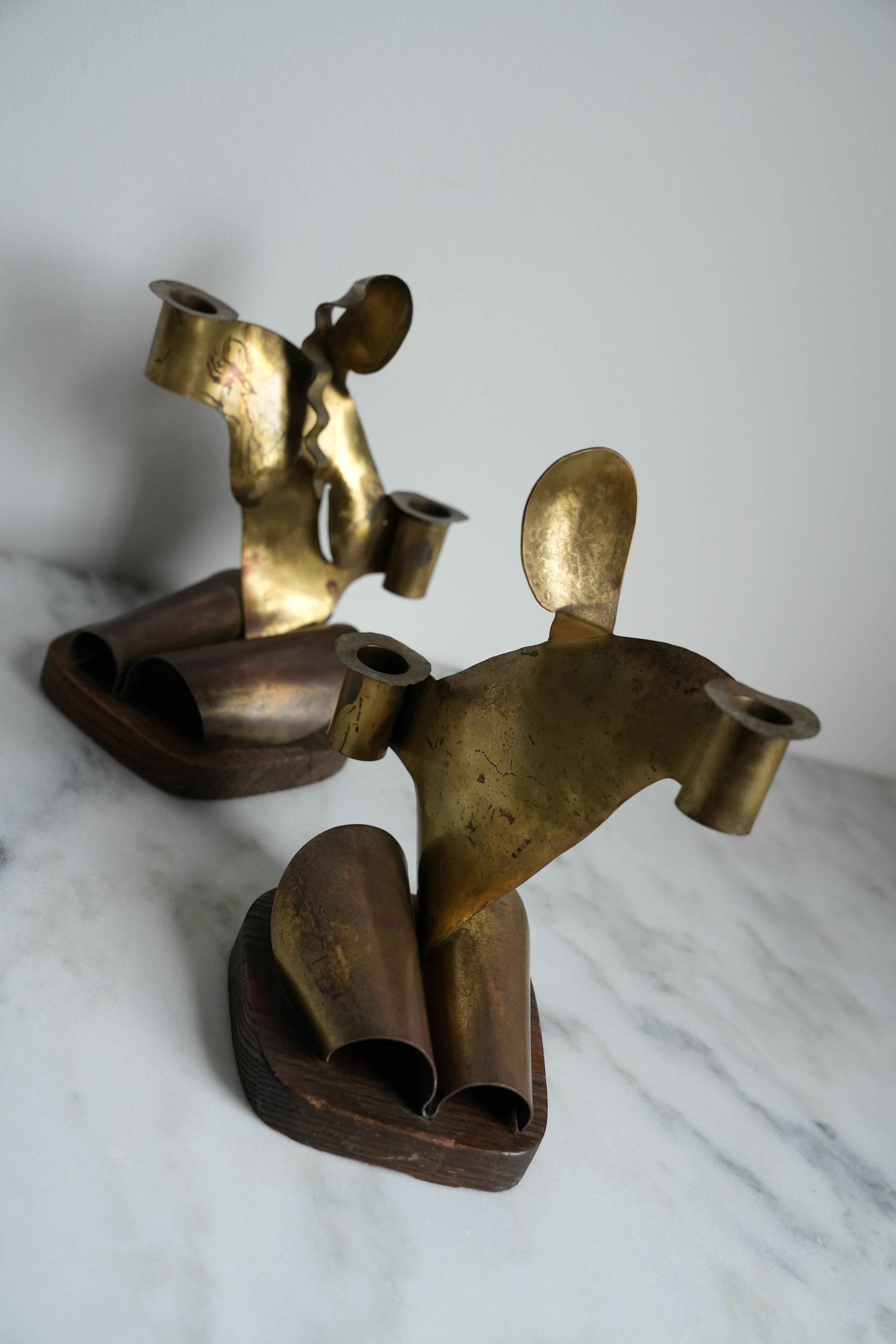Figural Hammered Brass Candlesticks For Sale at 1stDibs