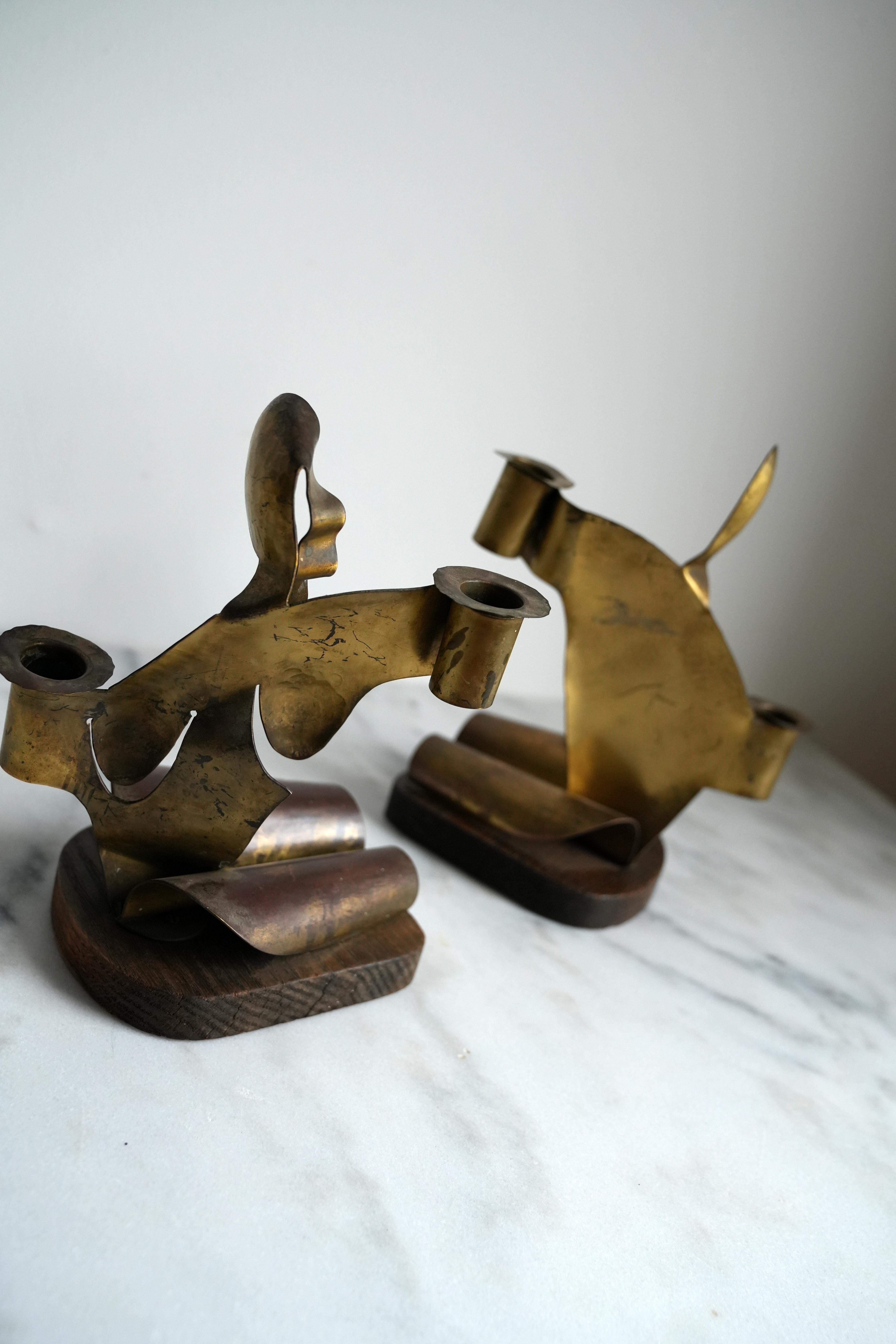 Figural Hammered Brass Candlesticks For Sale at 1stDibs