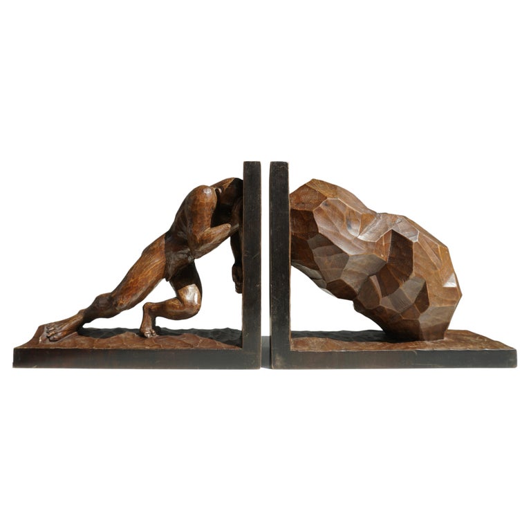 Figural Hand-Carved Wooden Art Deco Bookends Signed For Sale at 1stDibs