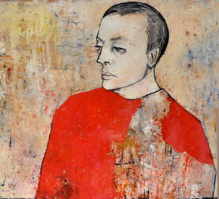 Figure in Red Contemplating an Orange Sunset on a Night Scene with Many ...