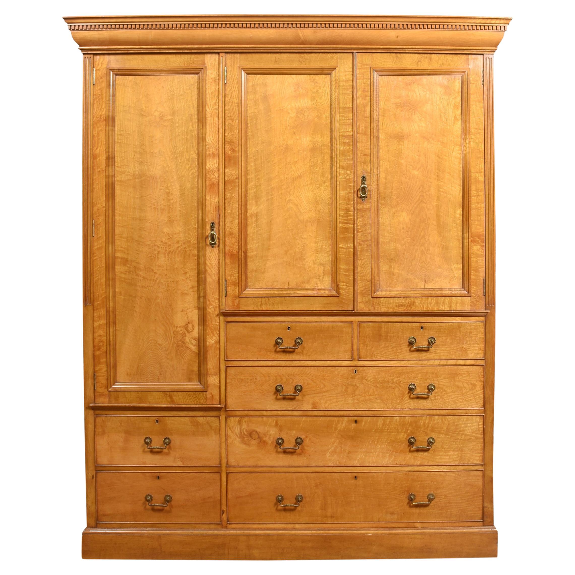 Sheraton Revival Mahogany Inlaid Breakfront Wardrobe at 1stDibs