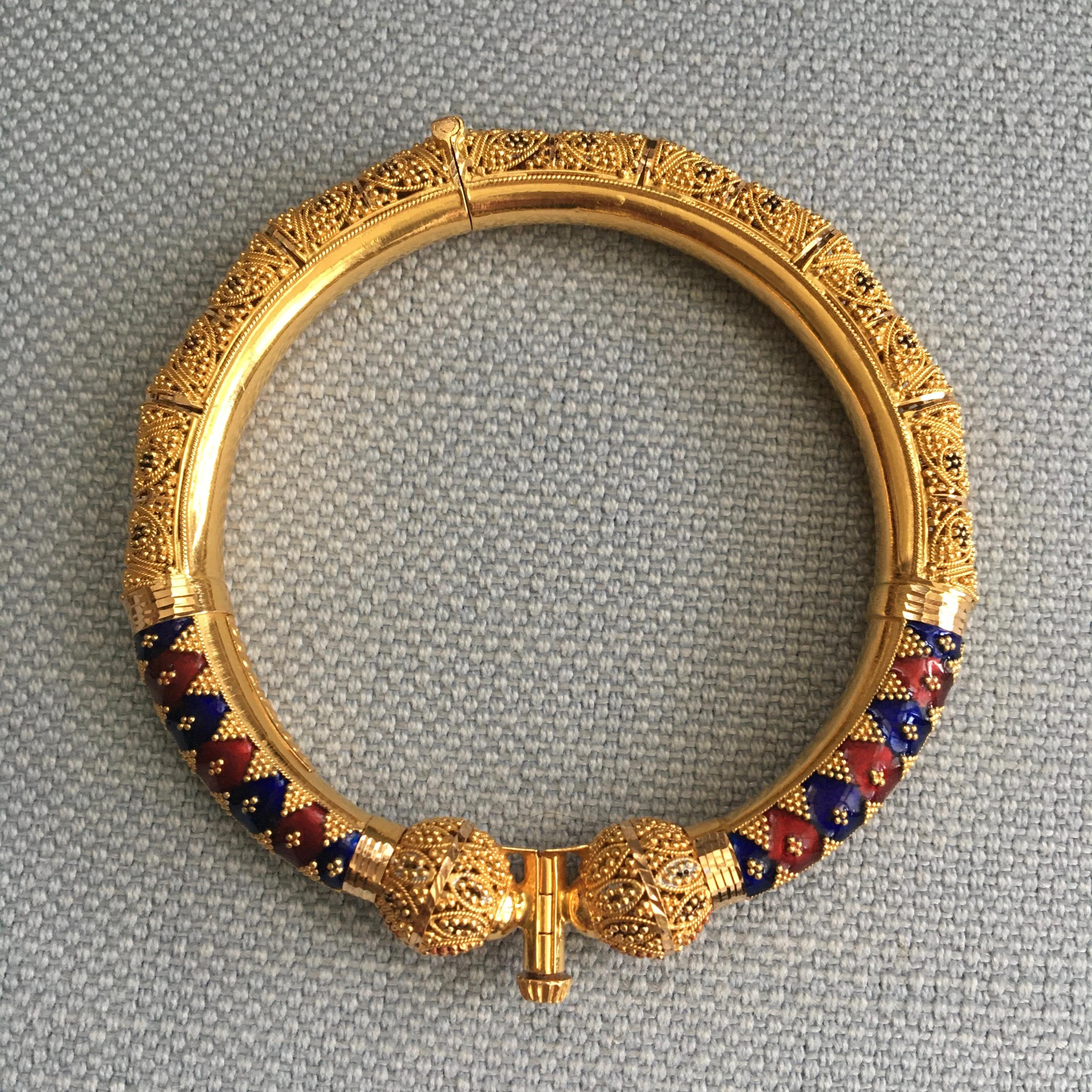 20 Karat Yellow Gold Filigree Enamel Bangle Bracelet For Sale at ...