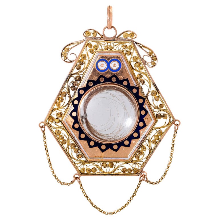 Filigree Pendant with Enamel and Hair Inlay For Sale at 1stDibs