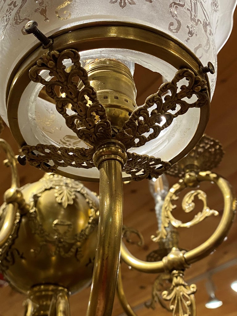 Fine 10-Light Brass Gasolier / Chandelier Electrified with 5 Etched ...