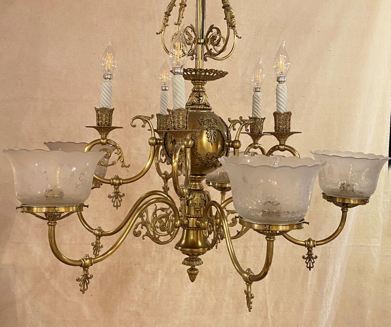 Fine 10-Light Brass Gasolier / Chandelier Electrified with 5 Etched ...