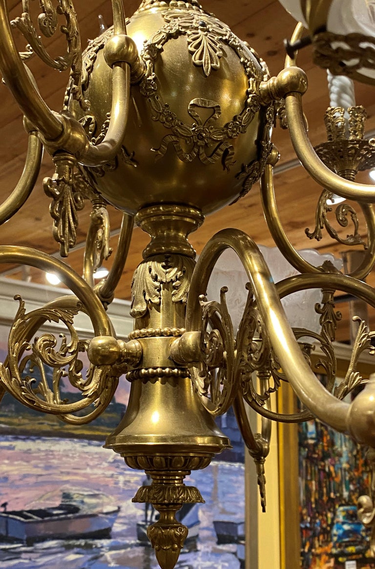Fine 10-Light Brass Gasolier / Chandelier Electrified with 5 Etched ...