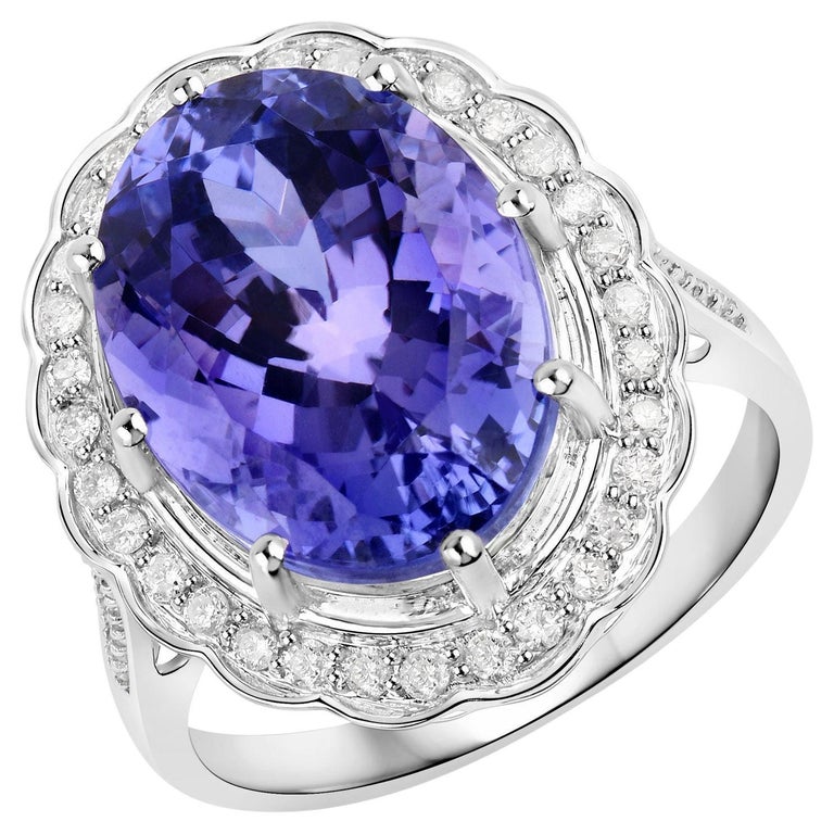 Fine 9.55 Carat Natural Tanzanite and Diamond Halo Ring 14k White Gold ...