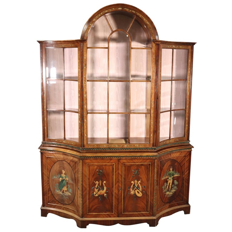 Fine Adams Paint Decorated Beveled Glass Breakfront China Cabinet ...