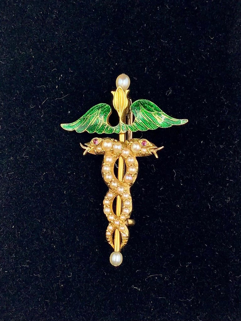 Fine Antique 18K Gold Green Enamel Pearl Serpents with Ruby Eyes ...