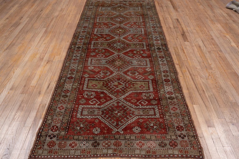 Fine Antique Caucasian Wide Runner, Red Field, Shiny Gray Borders and ...