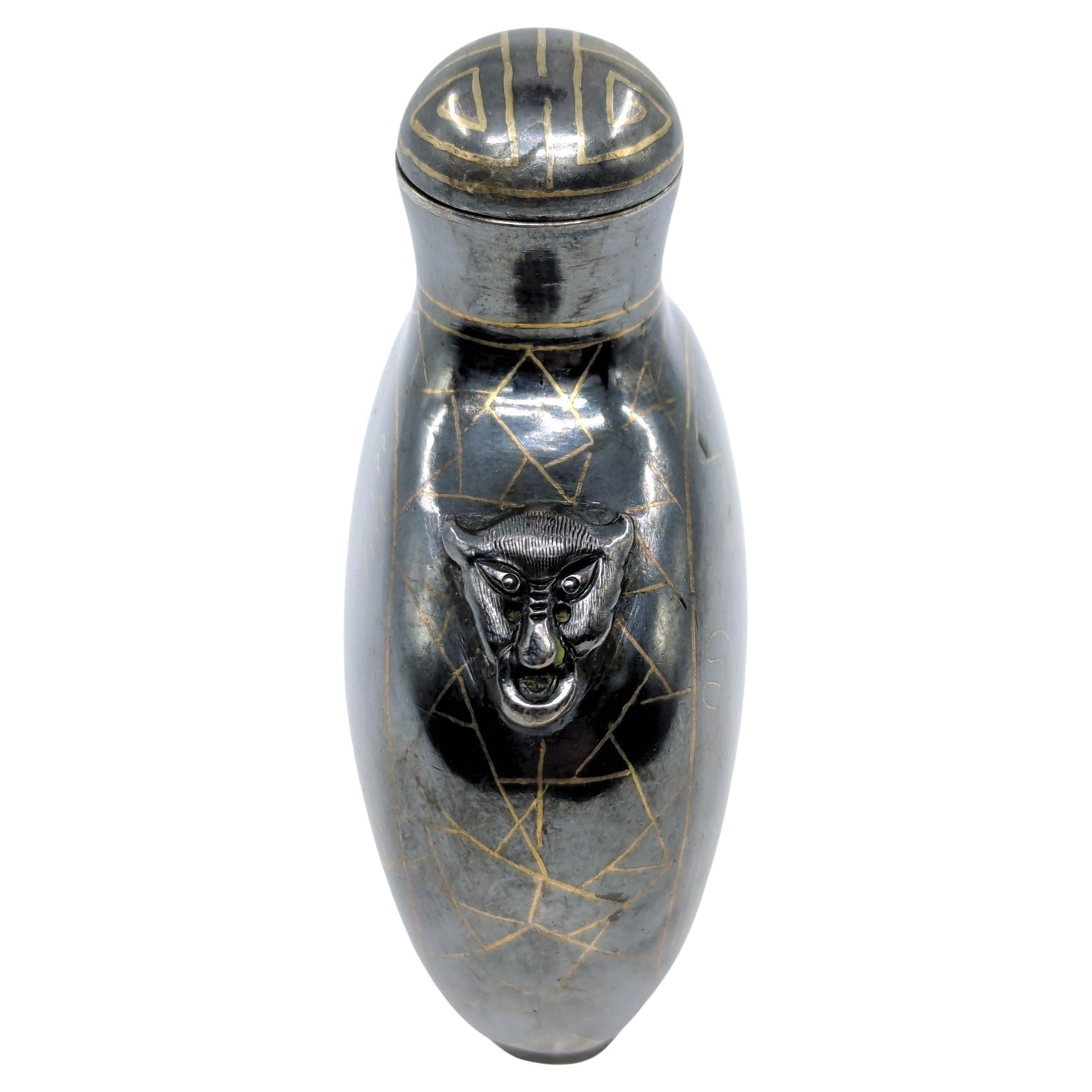 Antique Chinese Silver Gold Jinsi Inlay Beast Taotie Snuff Bottle Qing ...