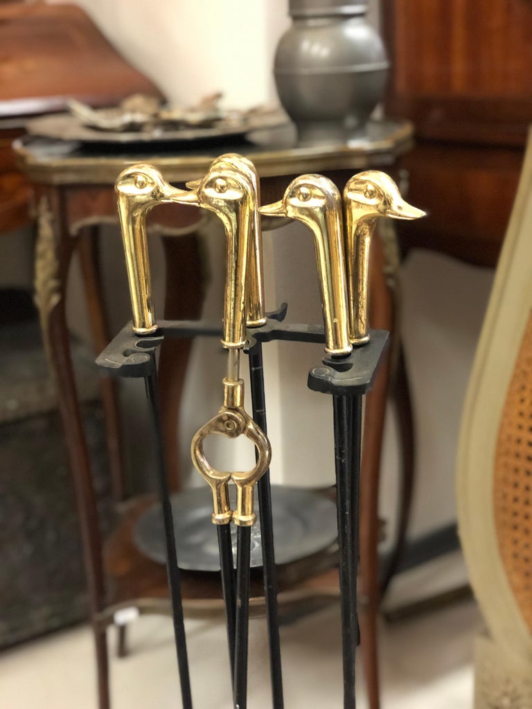 Fine Antique French Bronze Fire Place Tool Set and Stand with Duck ...