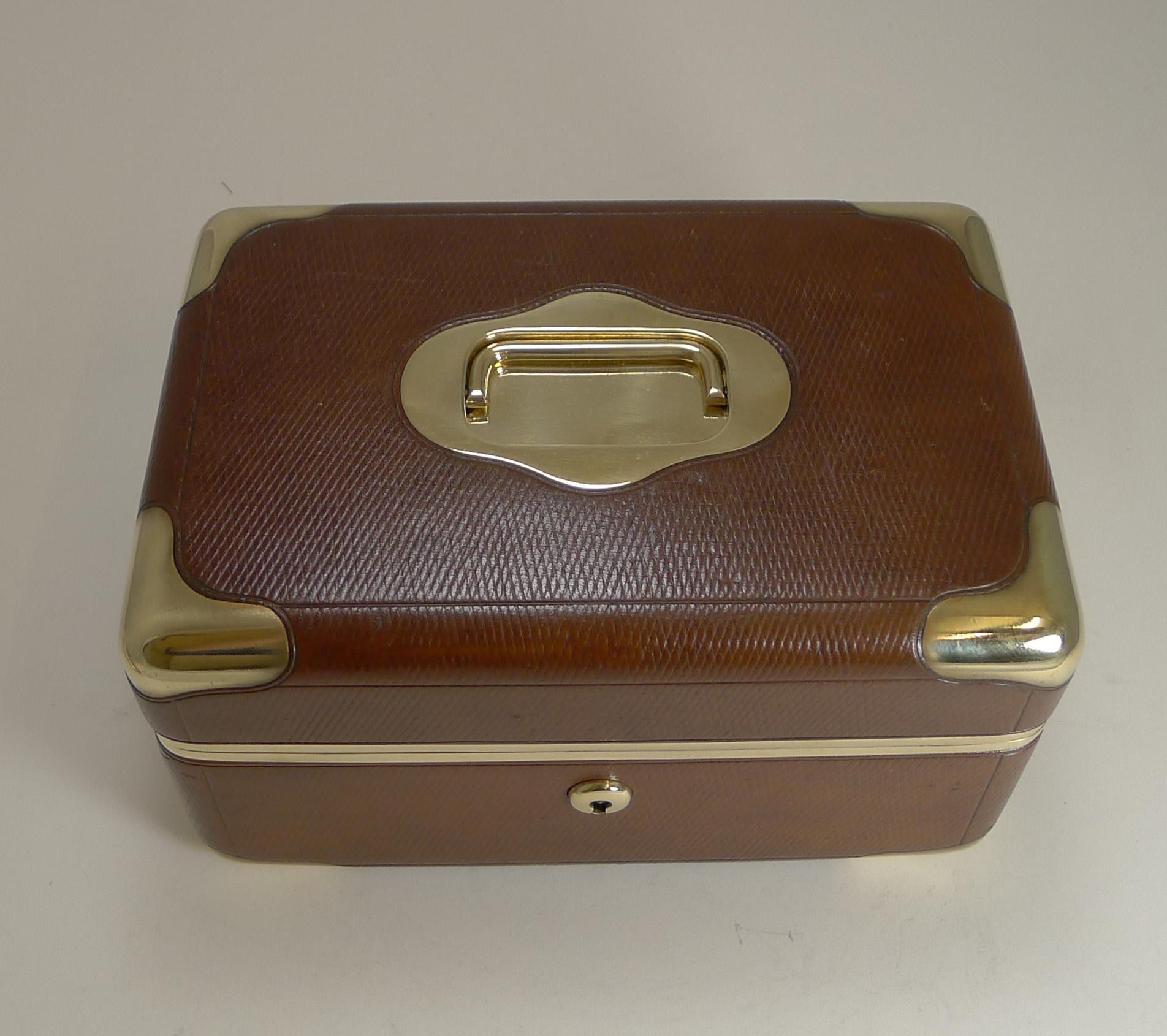 Fine Antique French Leather and Brass Jewelry Box, circa 1890, Signed M ...
