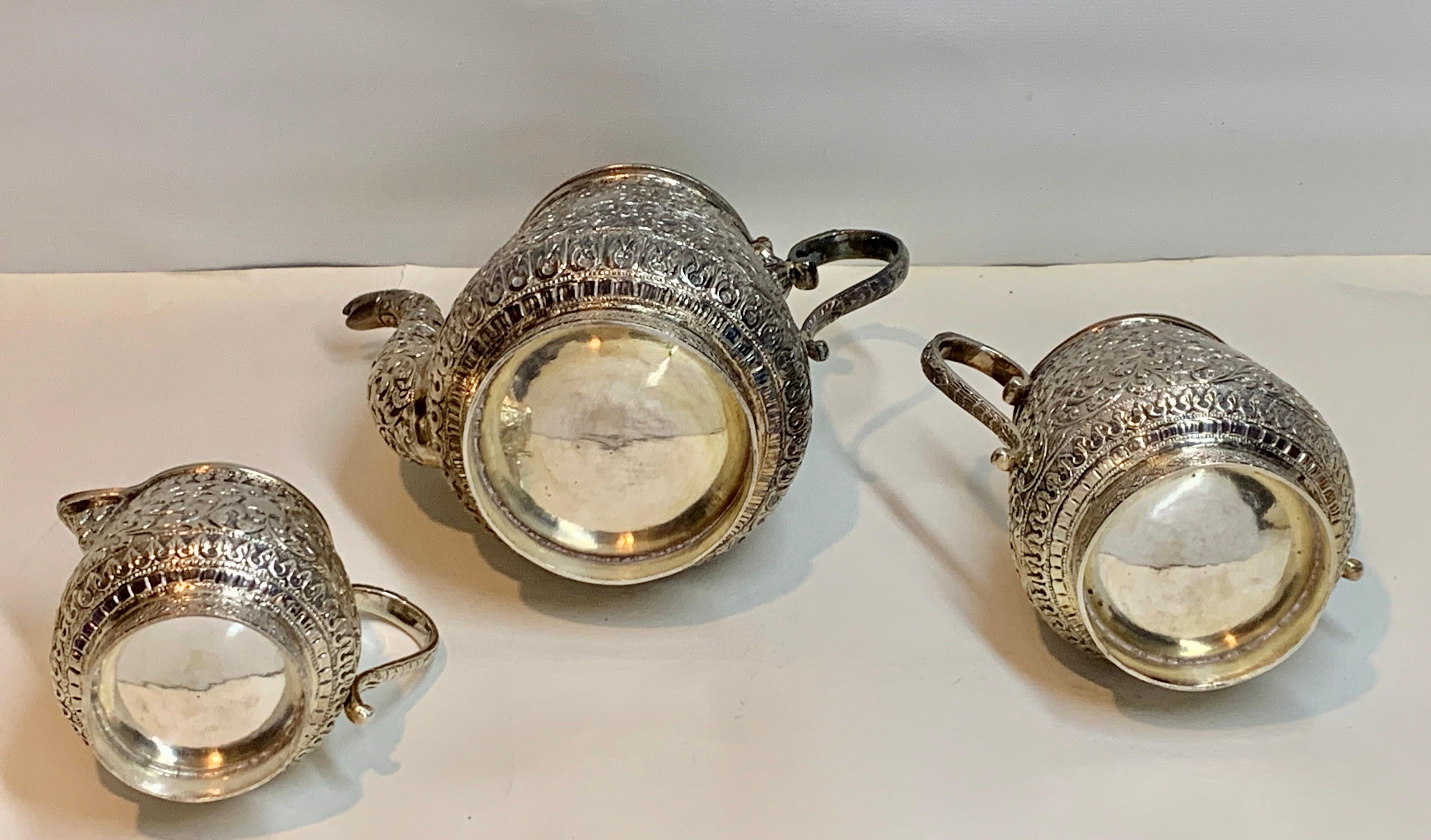 Fine Antique Indian Kutch Silver Bachelor 3-Piece Tea Set C. 1900/ 590 G For Sale at 1stDibs