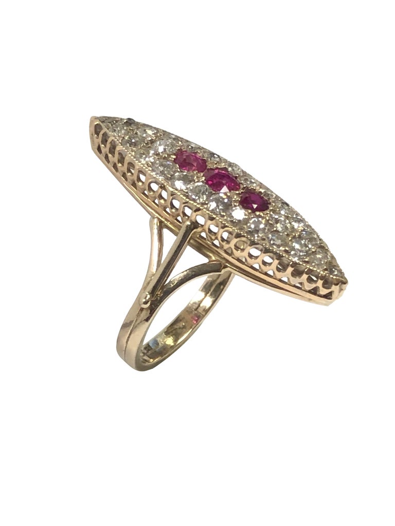 Fine Antique Large Yellod Gold Diamond and Ruby Navette Ring For Sale ...