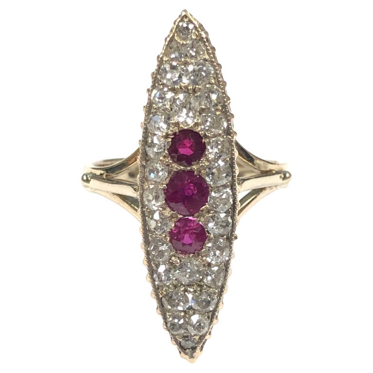 Fine Antique Large Yellod Gold Diamond and Ruby Navette Ring For Sale ...