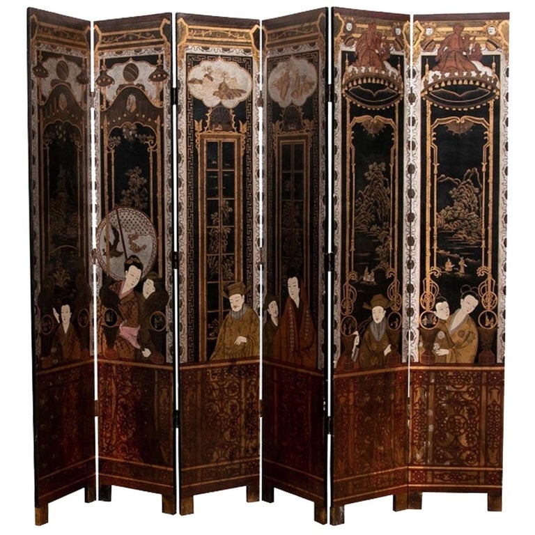 Fine Antique Asian Painted Six-Panel Screen at 1stDibs